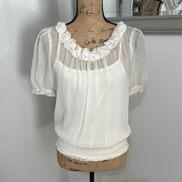 Bwear | Tops | Elegant White Sheer Womens Top With Floral Neckline ...